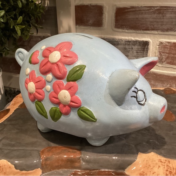 Accents | Vintage Ceramic Crafted Piggy Coin Bank Blue With Pink White ...